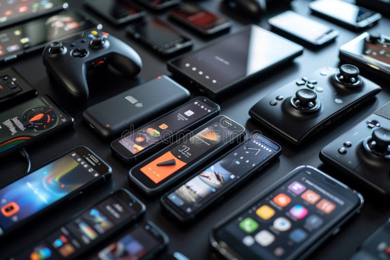 Close-up of Various Models of Cell Phones Neatly Arranged on a Table ...