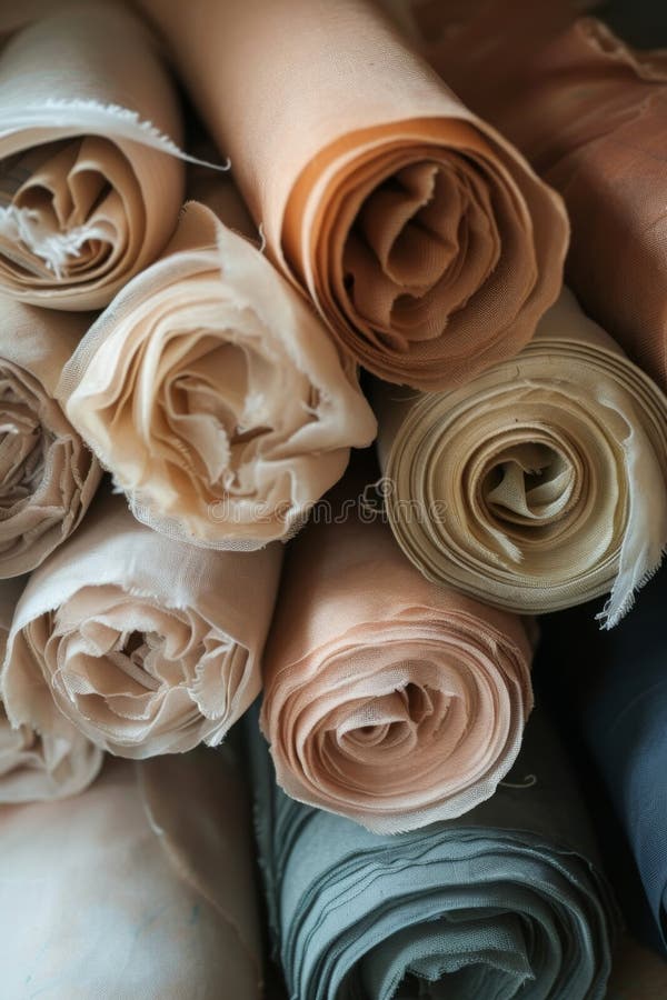 Close-up of Various Rolls of Multicolored Fabric Stacked Stock Image ...