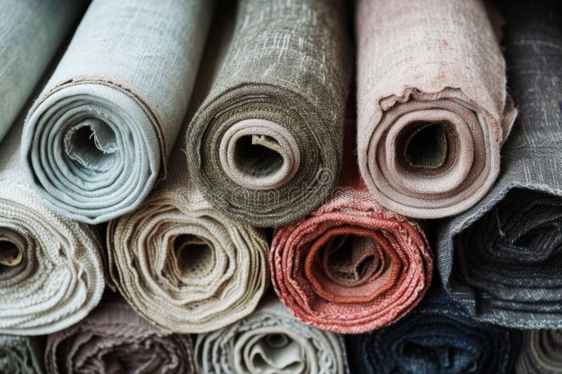 Close-up of Various Rolls of Multicolored Fabric Stacked Stock Image ...