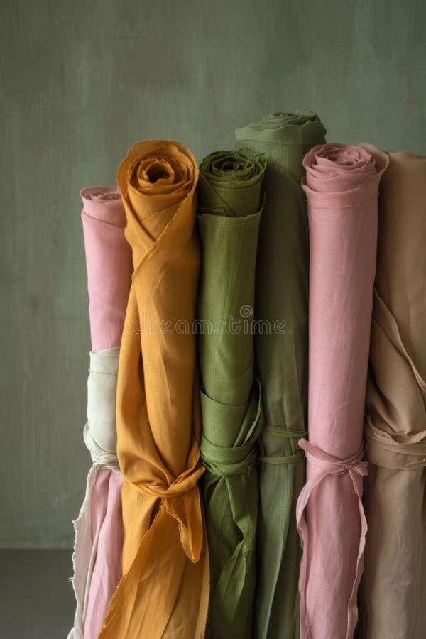 Close-up of Various Rolls of Multicolored Fabric Stacked Stock ...