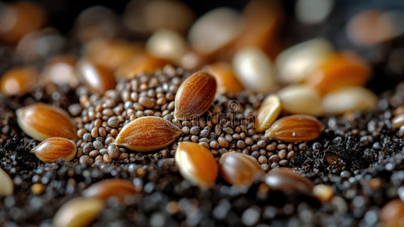Close-up of Various Seeds on Soil Surface Stock Illustration ...