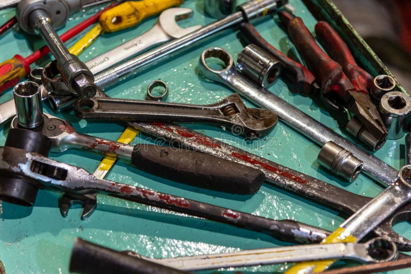 A Close-up of Various Tools Scattered Across a Work Platform. Stock ...