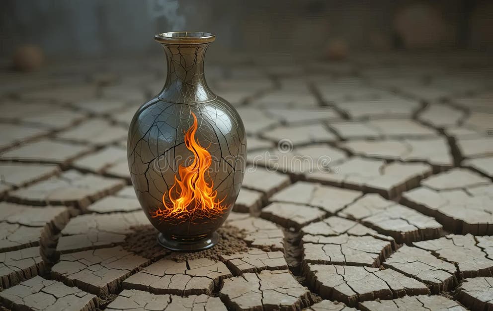 A Close-up of a Vase with a Cracked Design and a Drawing of Fire on the ...