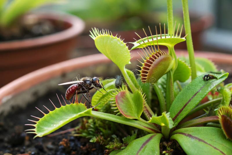 Close-Up of Venus Flytrap with Insect Captured in Greenhouse Environment Stock Illustration ...