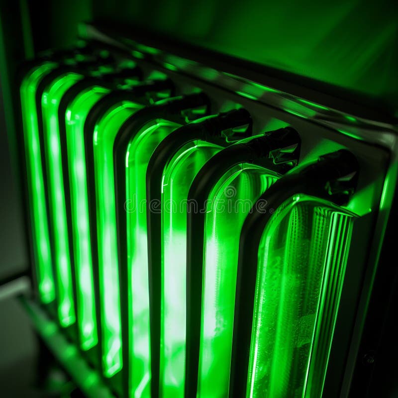 Close Up of a Vertical Array of Glowing Green LED Lights in a ...