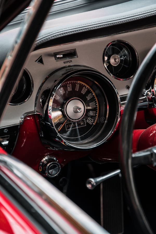 Close-up Vertical Shot of a Vintage Car Dashboard with Speedometer and ...