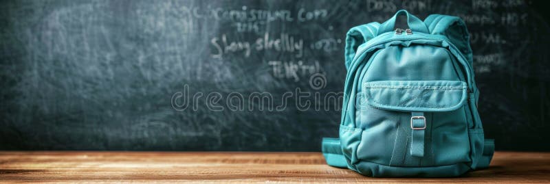 Close Up of Vibrant Blue School Backpack on Wooden Desk with Chalkboard ...