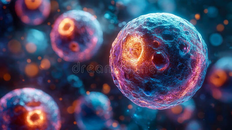 Close-up of a Vibrant Cell Structure Illuminated in Blue and Orange ...