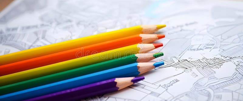 Close-up of Vibrant Colored Pencils on Technical Drawing, Creative ...