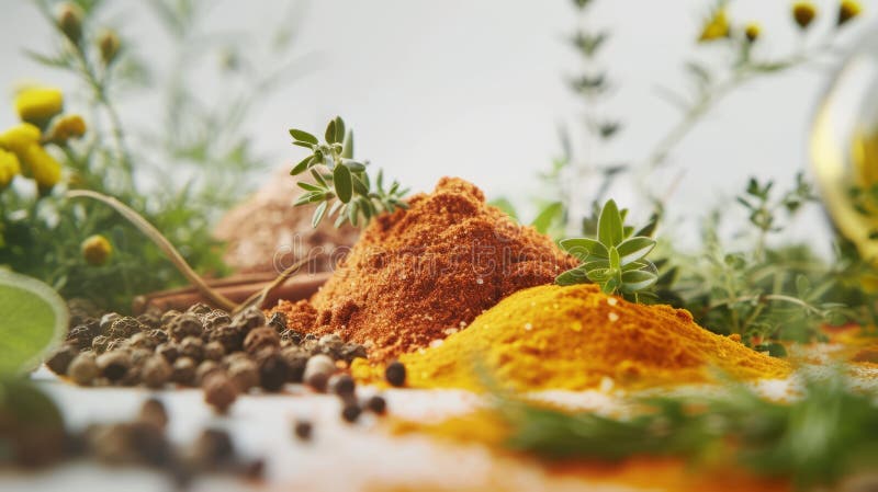 Close-up Vibrant Display of Various Spices and Herbs, with Mounds of ...