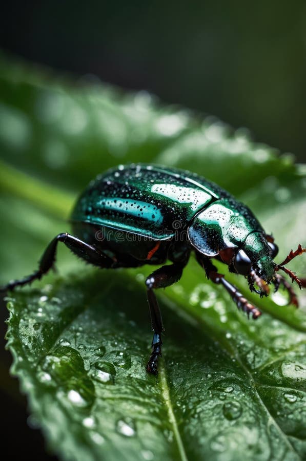 Vibrant Green Beetle on Dew-Kissed Leaf: Macro Photography Stock ...
