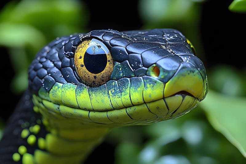 Close-Up of a Vibrant Green and Black Snake with Intricate Scale ...