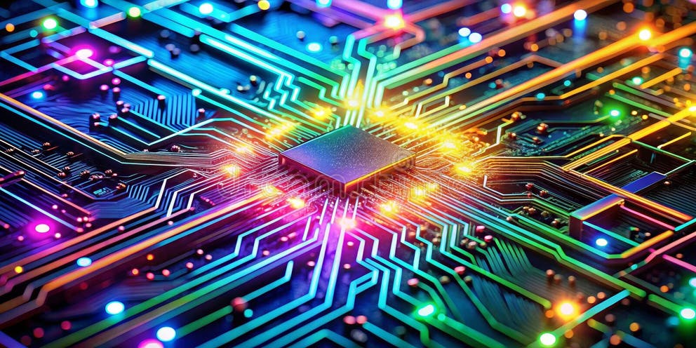 Close-up of a Vibrant, Illuminated Circuit Board Showcasing Intricate ...