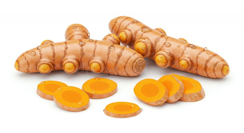 Close Up of Vibrant Orange Turmeric Roots and Slices on White ...