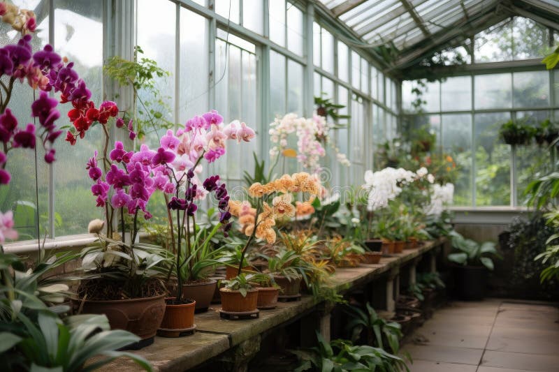 Close-up of Vibrant Orchids in Greenhouse, with Windows and Doors ...