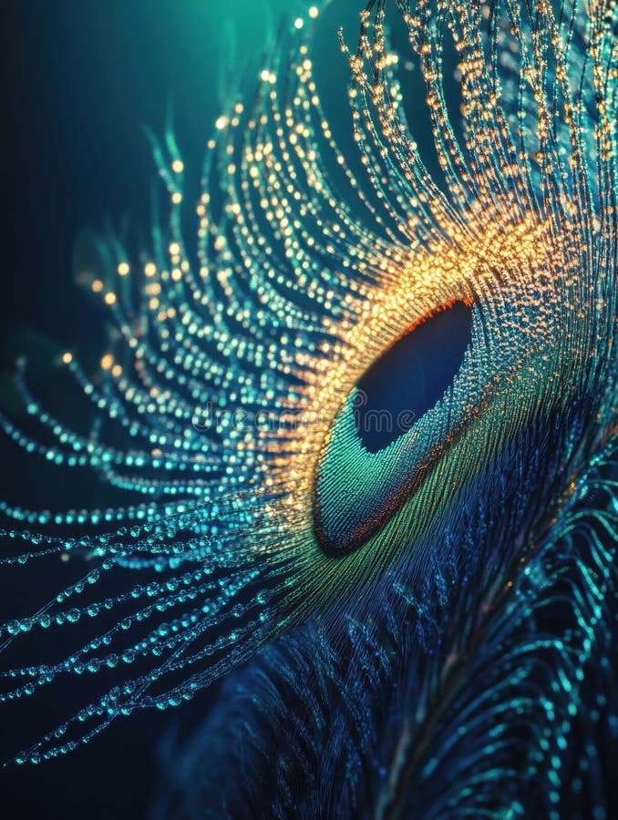 Close Up of a Vibrant Peacock Feather Adorned with Dew Drops and Unique ...