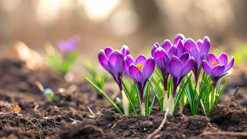 Close-up of Vibrant Purple Crocus Flowers Pushing through the Thawing ...