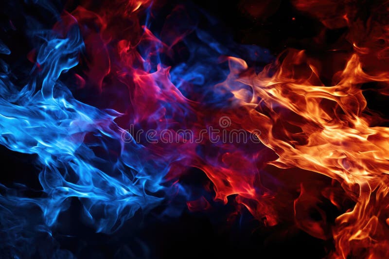 Close Up of Vibrant Red and Blue Fire on a Dark Black Background ...