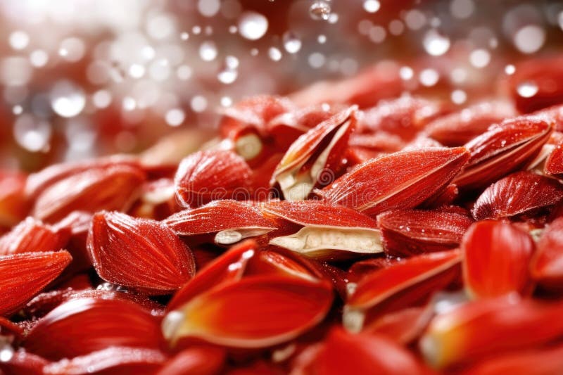 Close-up of Vibrant Red Seeds with Dewy Texture in Natural Light Stock ...