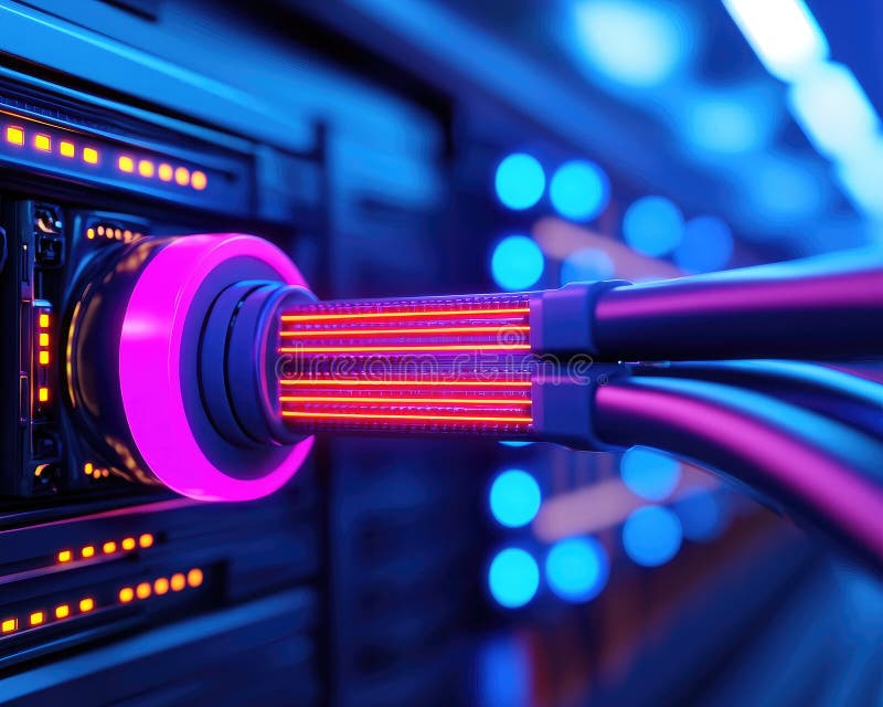 Close-up of a Vibrant Server Connection, Showcasing Luminescent Cables ...