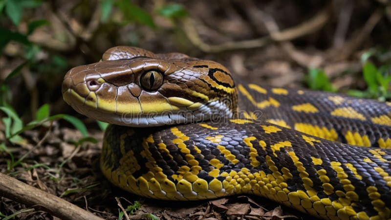 A Close-up of a Vibrant Snake Resting on the Ground Amidst Foliage ...