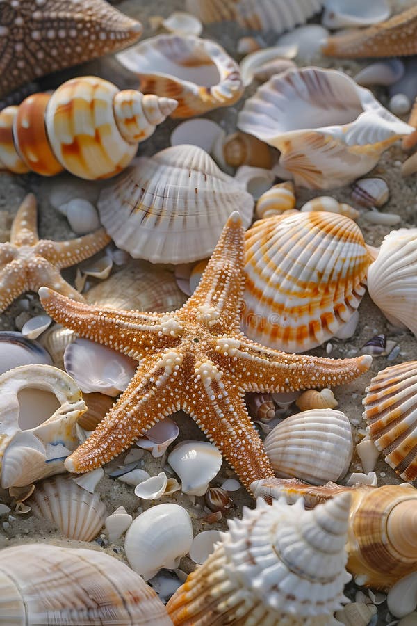 Close-up of a Vibrant Starfish Surrounded by Various Seashells on a ...