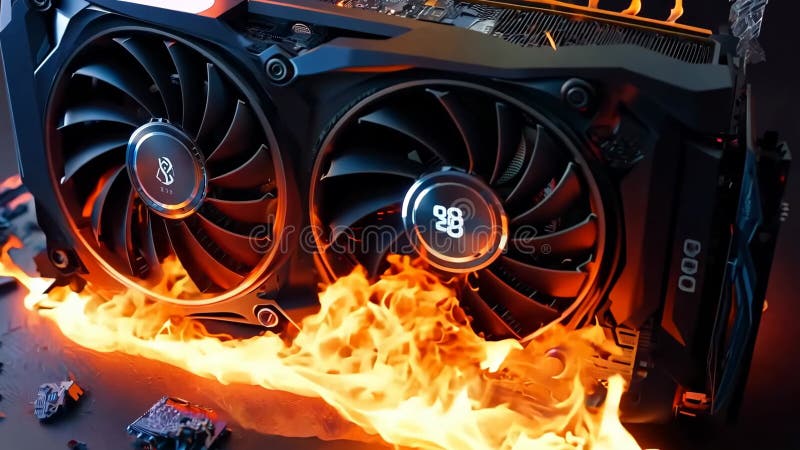A Computer Motherboard on Fire with a Fan on Top of it Stock Footage ...