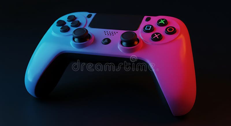 Close Up of a Video Game Controller with Blue and Pink Lighting on a ...