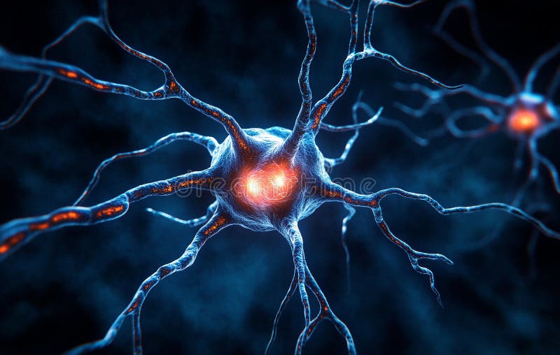A Close-up View of an Active Neuron with a Glowing Core Stock ...