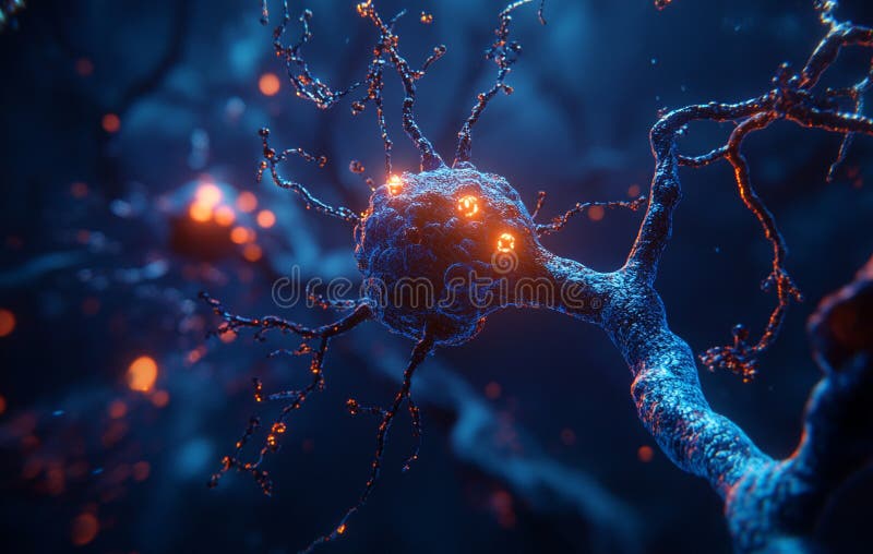 A Close-up View of an Active Neuron with a Glowing Core Stock ...