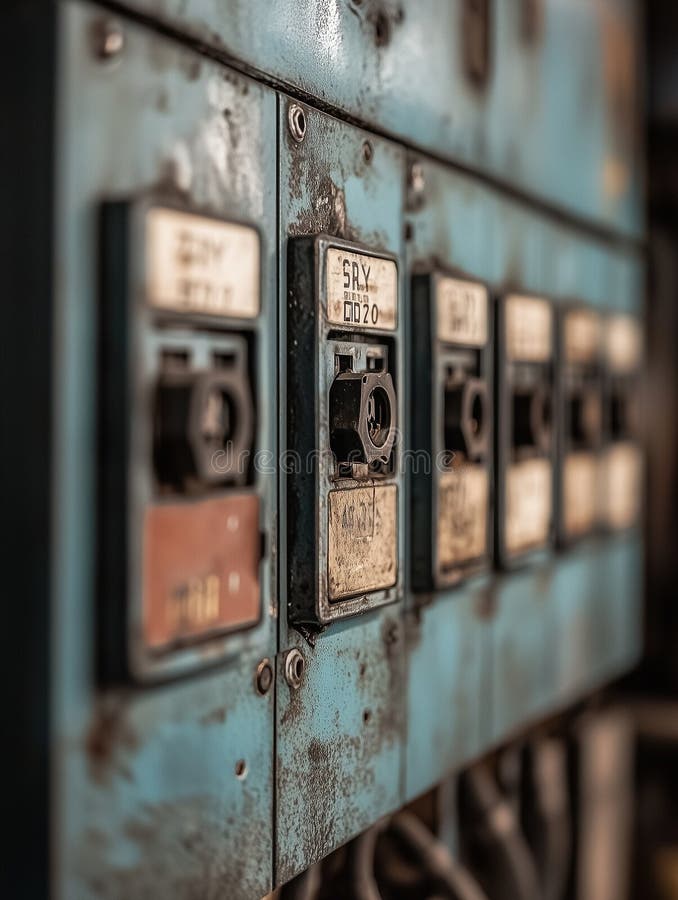 Close-up View of an Aged Electrical Panel Showcasing Circuit Breakers ...