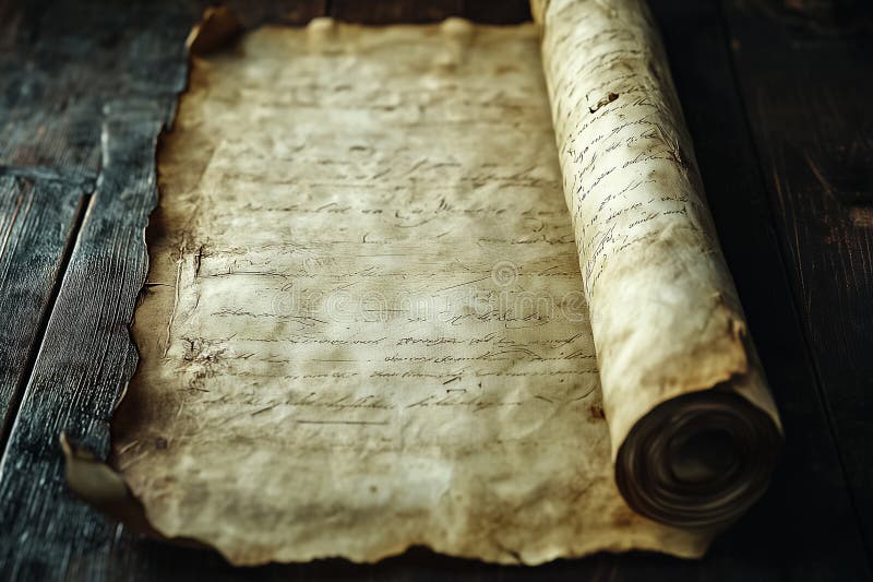 Close-up View of an Aged Parchment Scroll Reveals Delicate Handwritten ...