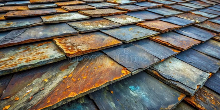 Close-up View of an Aged, Textured, Overlapping Slate Roof Featuring a ...