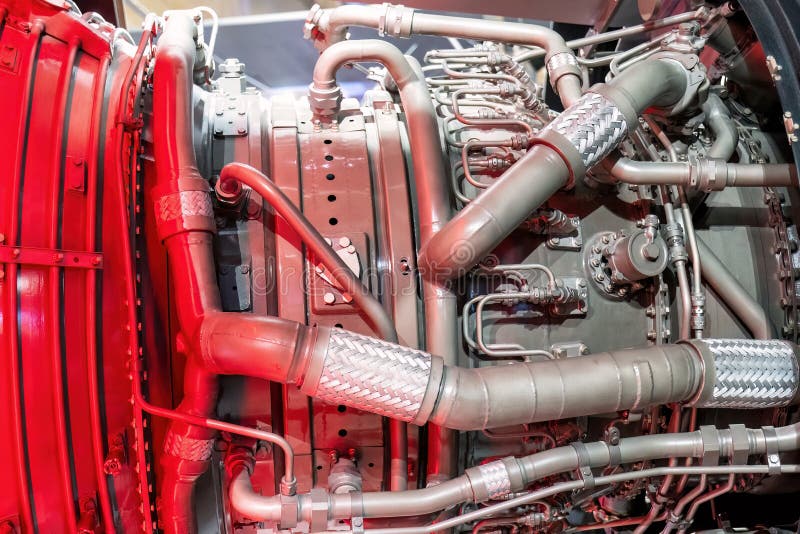 Close Up View of Airplane Engine with Wires and Pipes Stock Image ...