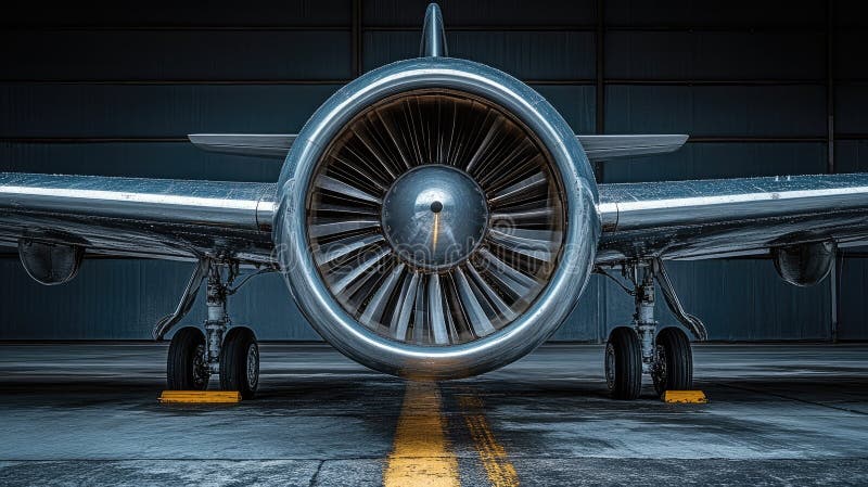 A Close-up View of an Airplane S Engine in a Hangar, with the Blades ...