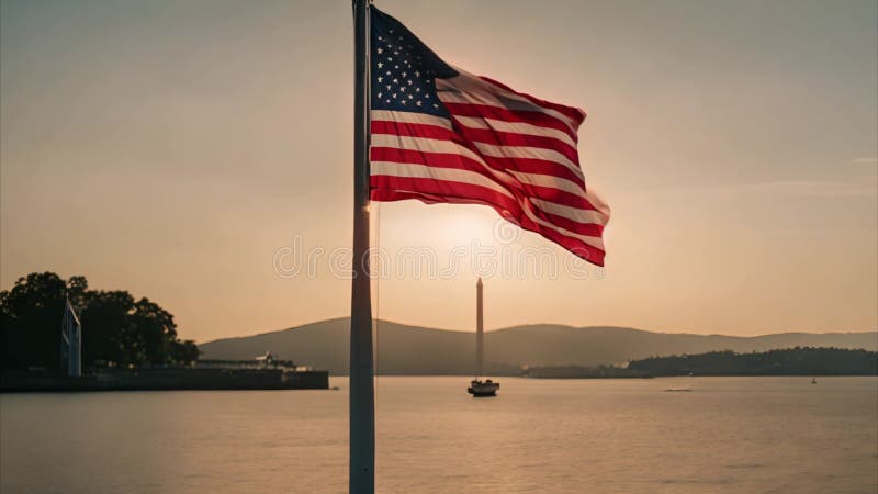 American Flag Waving at Sunset Over Water Stock Video - Video of symbol ...
