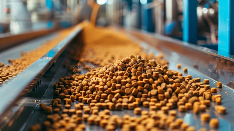 Close-Up View of Animal Feed Pellets on Manufacturing Conveyor System ...