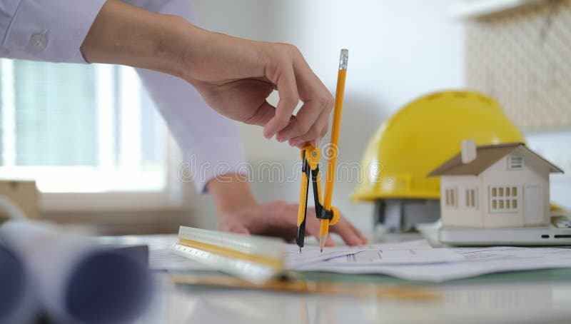 Close Up View Architect Drawing on Architectural Project at Office ...