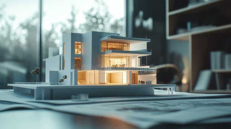 Close-up View of Architectural Blueprints and Modern Building Model ...