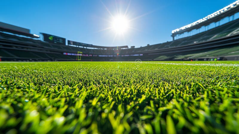 A Close-up View of the Artificial Grass Field of a Stadium with the Sun ...
