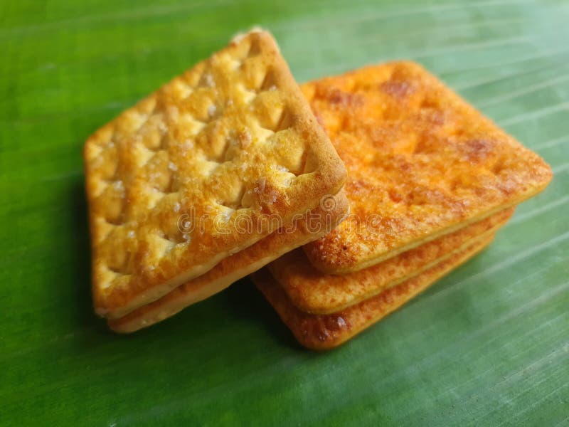 Close Up View of Assorted Crackers Snack Biscuit on a Fresh Green Leaf ...