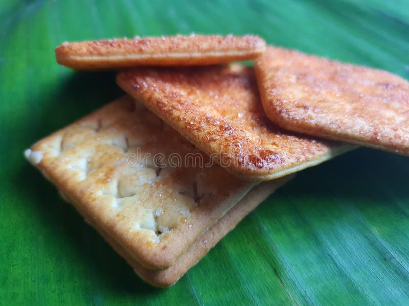 Close Up View of Assorted Crackers Snack Biscuit on a Fresh Green Leaf ...