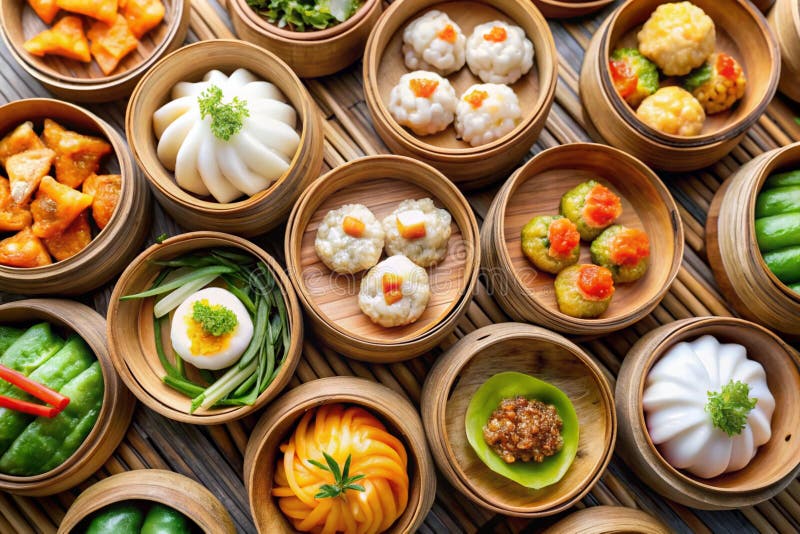 Close-Up View of Assorted Dim Sum in Bamboo Baskets. a Close-up Top ...