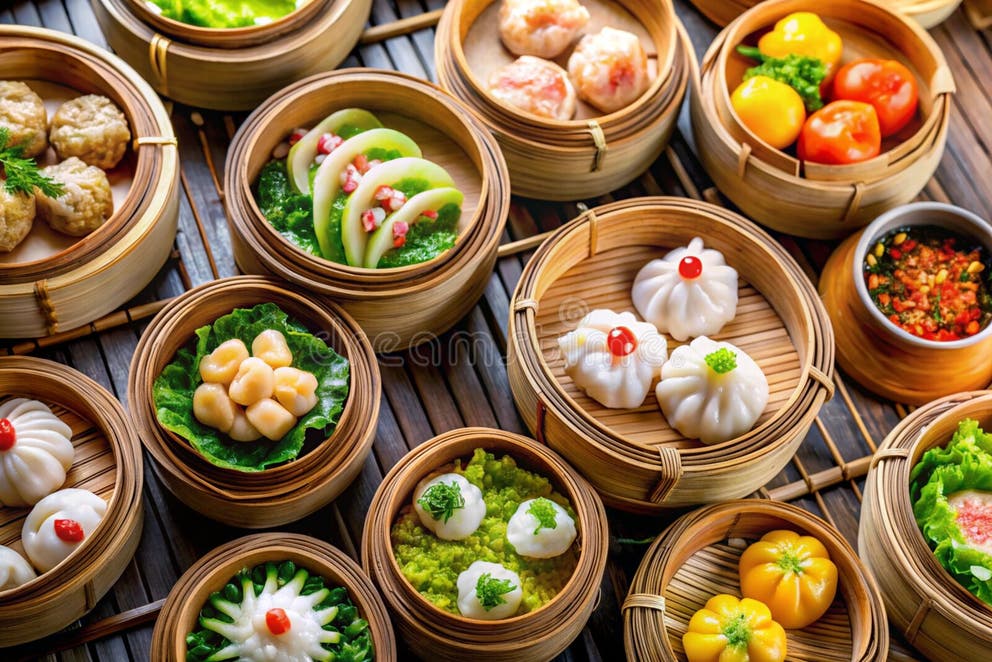 Close-Up View of Assorted Dim Sum in Bamboo Baskets. a Close-up Top ...