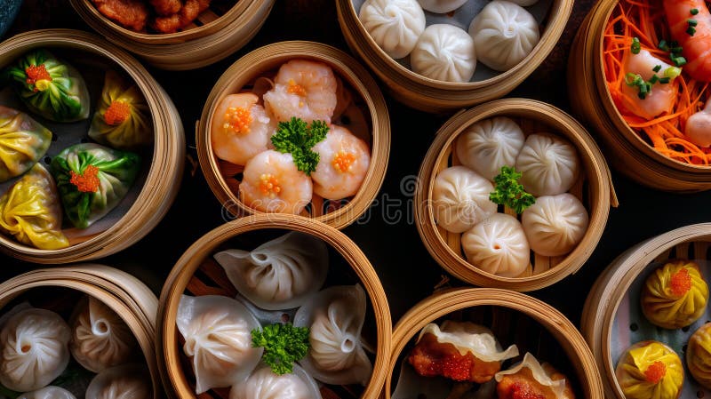 Close-Up View of Assorted Dim Sum in Bamboo Baskets Stock Image - Image ...