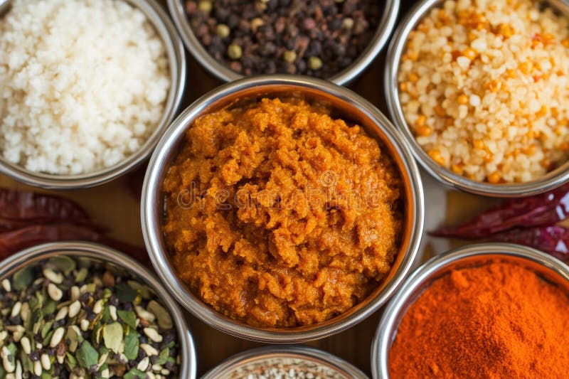 A Close-up View of Assorted Spices Arranged in Small Metal Bowls. Stock ...