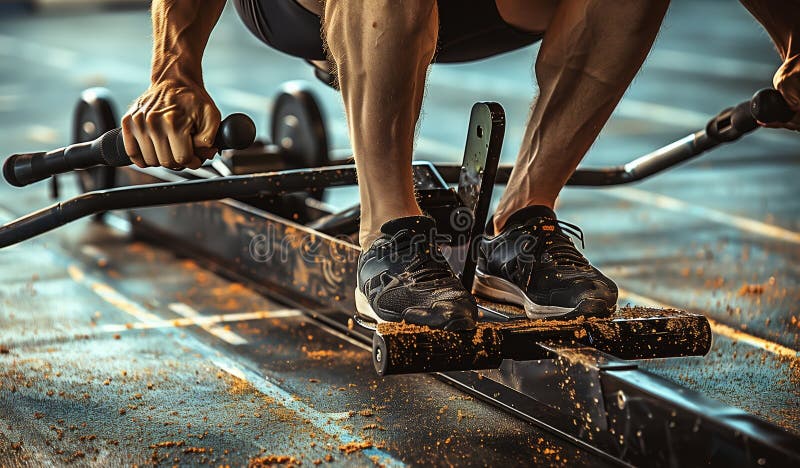 Close-Up of an Athlete& X27;s Legs Using a Rowing Machine during a ...