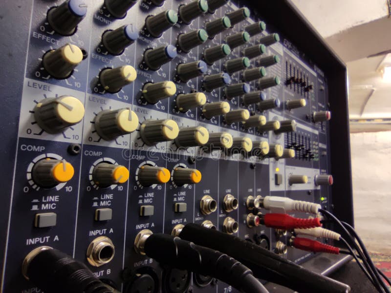 Close-up View of Audio Mixing Console Controls, Guitar Cables in Mixer ...