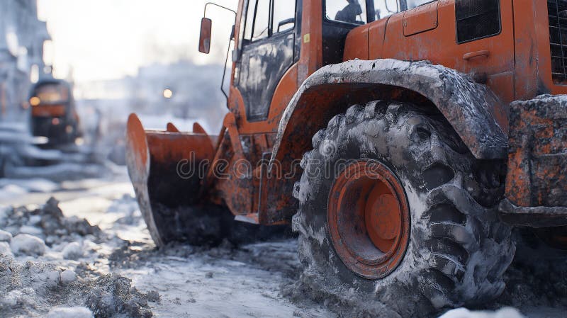 Close Up View of a Backhoe Loader Working in a Snowy Urban Construction ...