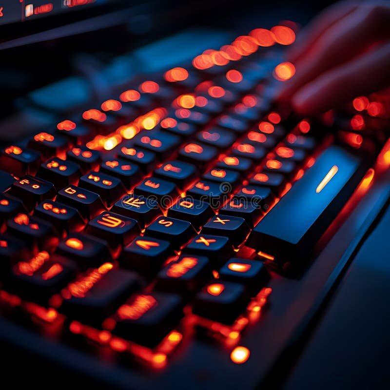 Close-up View of a Backlit Computer Keyboard with Glowing Red Keys ...
